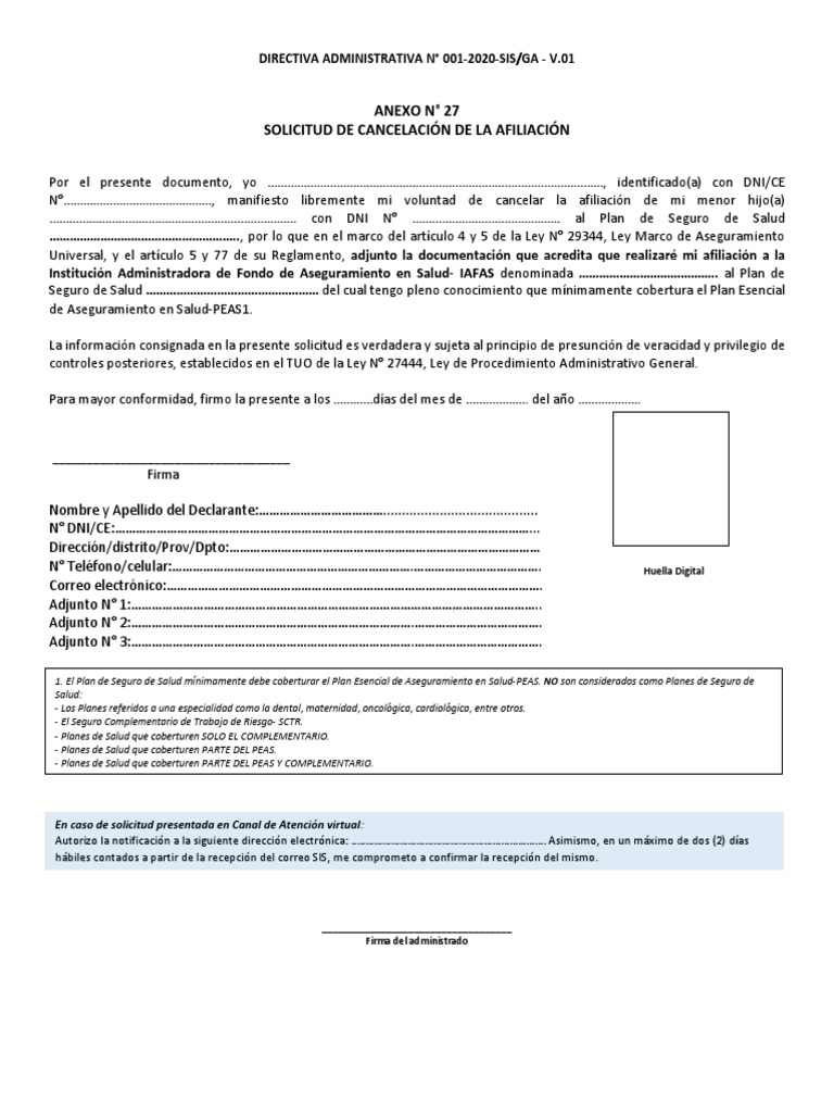 Anexo #27 Solicitud de Cancelación de La Afiliación: Directiva ...