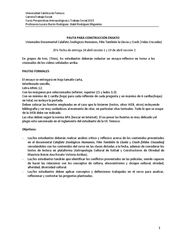 Pauta Ensayo Calafate, También La Lluvia y Crash 2023 | PDF