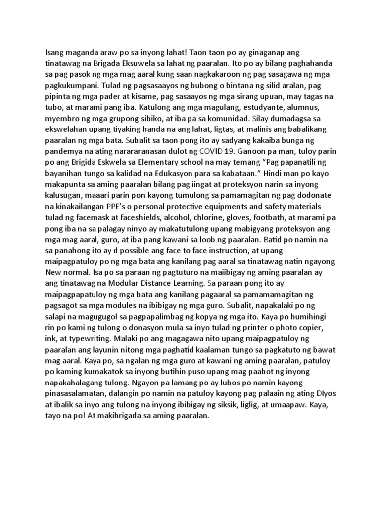 Brigada Eskwela Sample Script | PDF