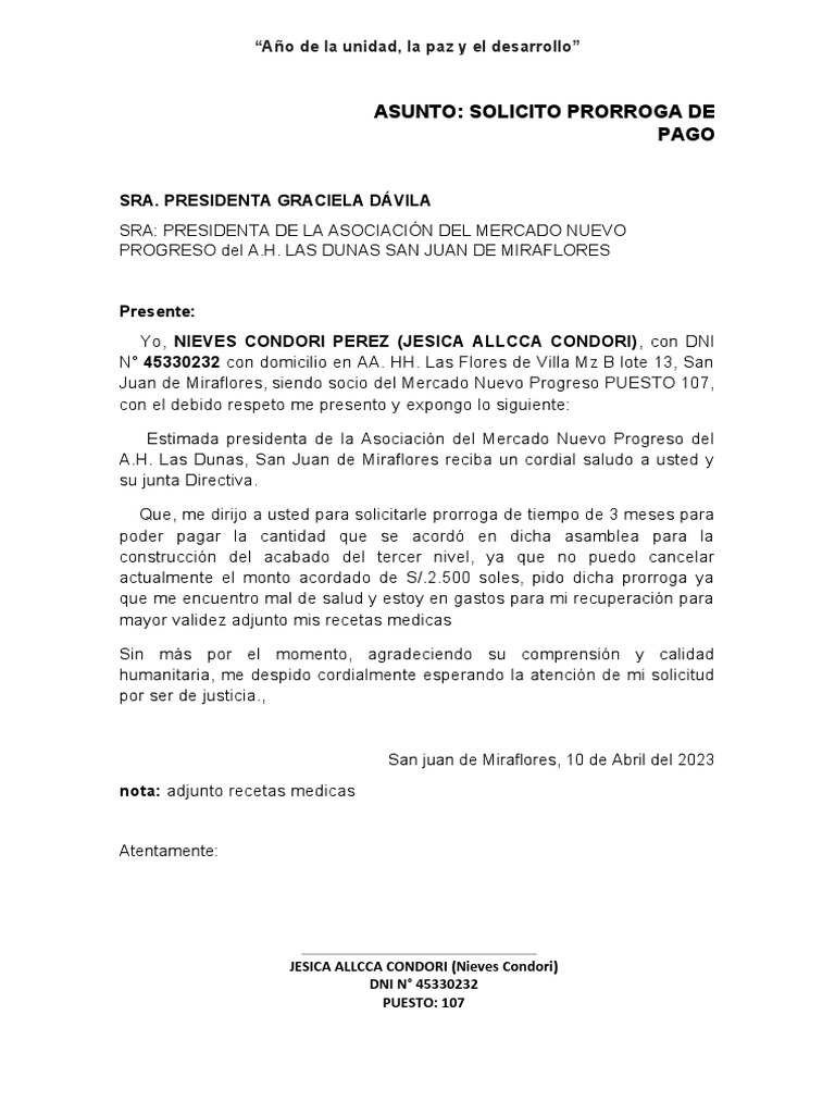 Solicitud Solicito Prorroga de Pago | PDF