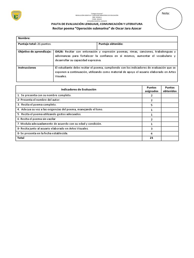 Pauta de Evaluación - Recitar Un Poema | PDF | Cognición | Aprendizaje