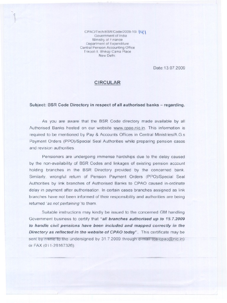 Circular For Banks Regarding BSR Codes | PDF