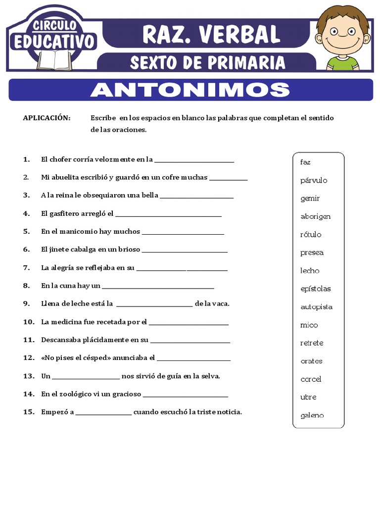 Ejercicios de Antonimos para Sexto de Primaria | PDF