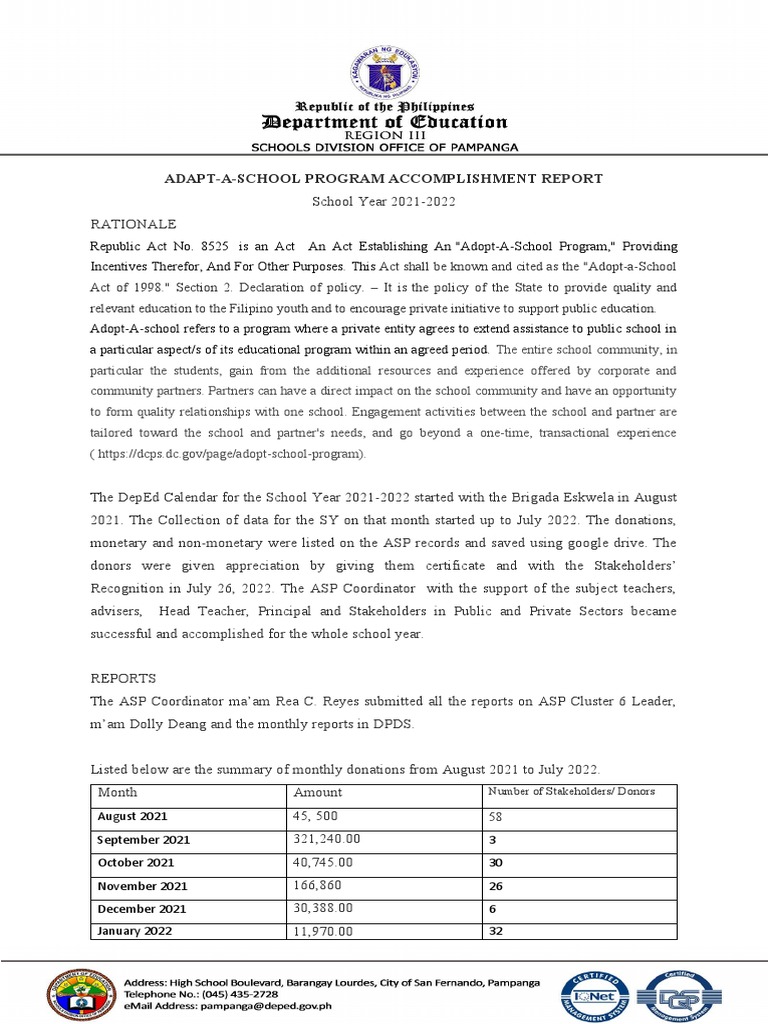 Adopt A School Program Accmplishment Report | PDF | Economies