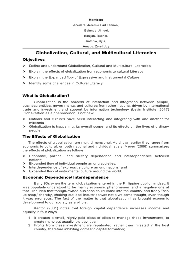Globalization, Cultural, and Multicultural Literacies: Objectives | PDF ...