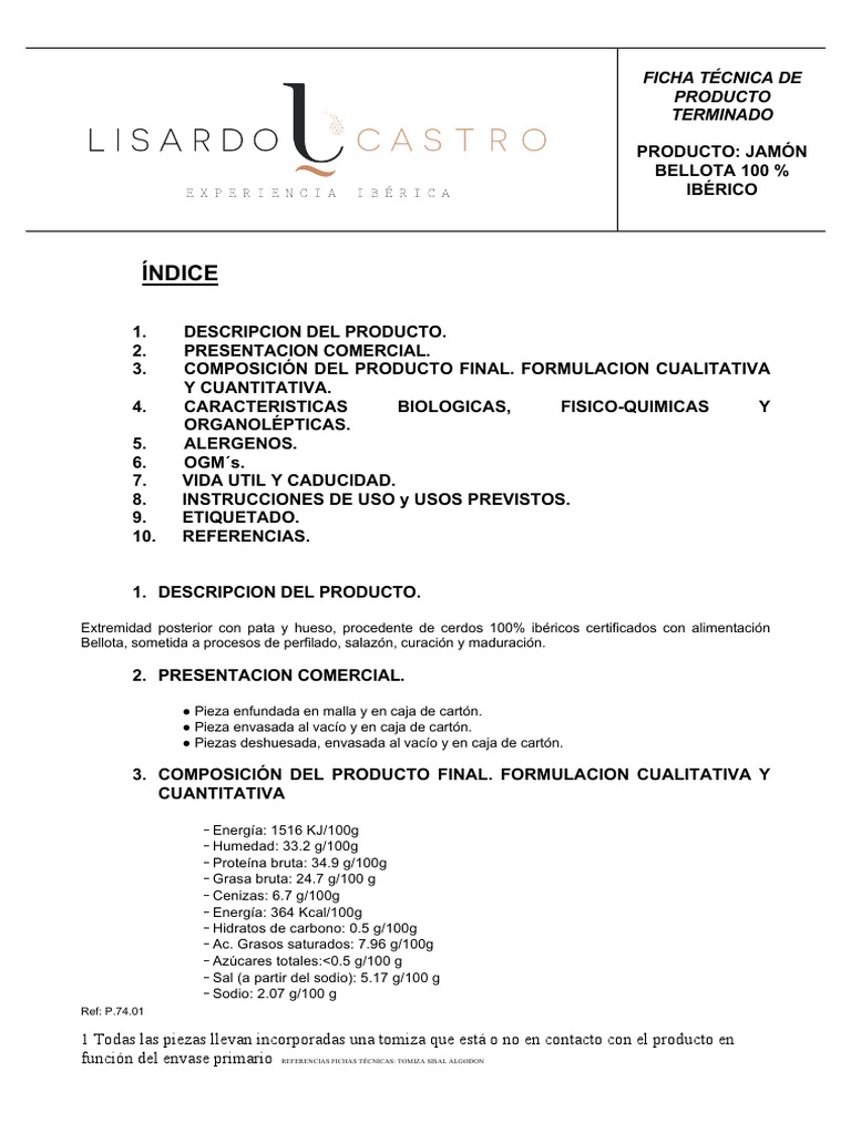 Índice: Ficha Técnica de Producto Terminado | PDF | jamón | Nuez
