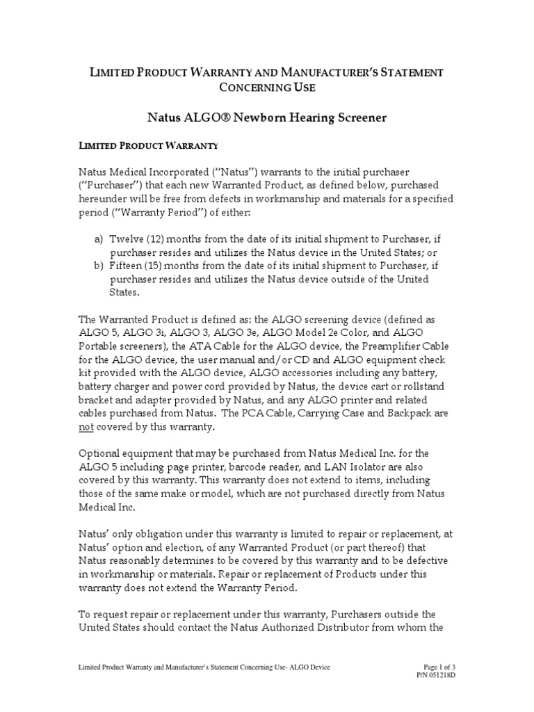 L P W M ' S C U Natus ALGO® Newborn Hearing Screener: Imited Roduct ...