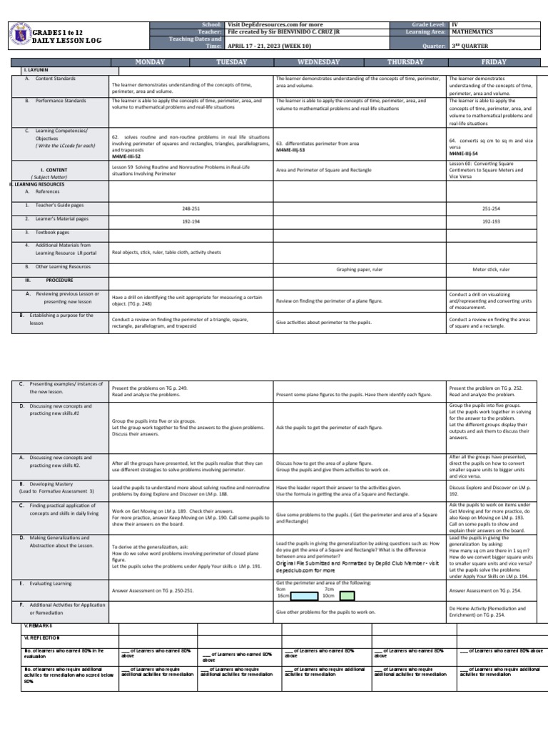 DLL - Mathematics 4 - Q3 - W10 | PDF | Area | Learning