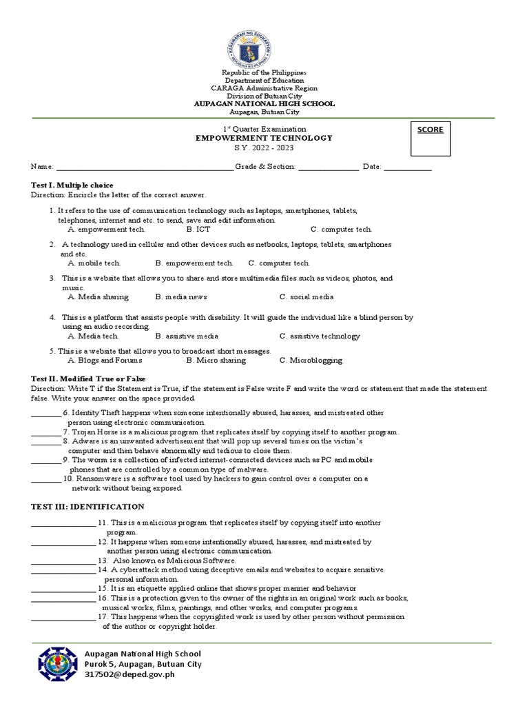 EMPOWERMENT TECHNOLOGY - TQ (1st Quarter 2023) | PDF | Malware | Information And Communications ...