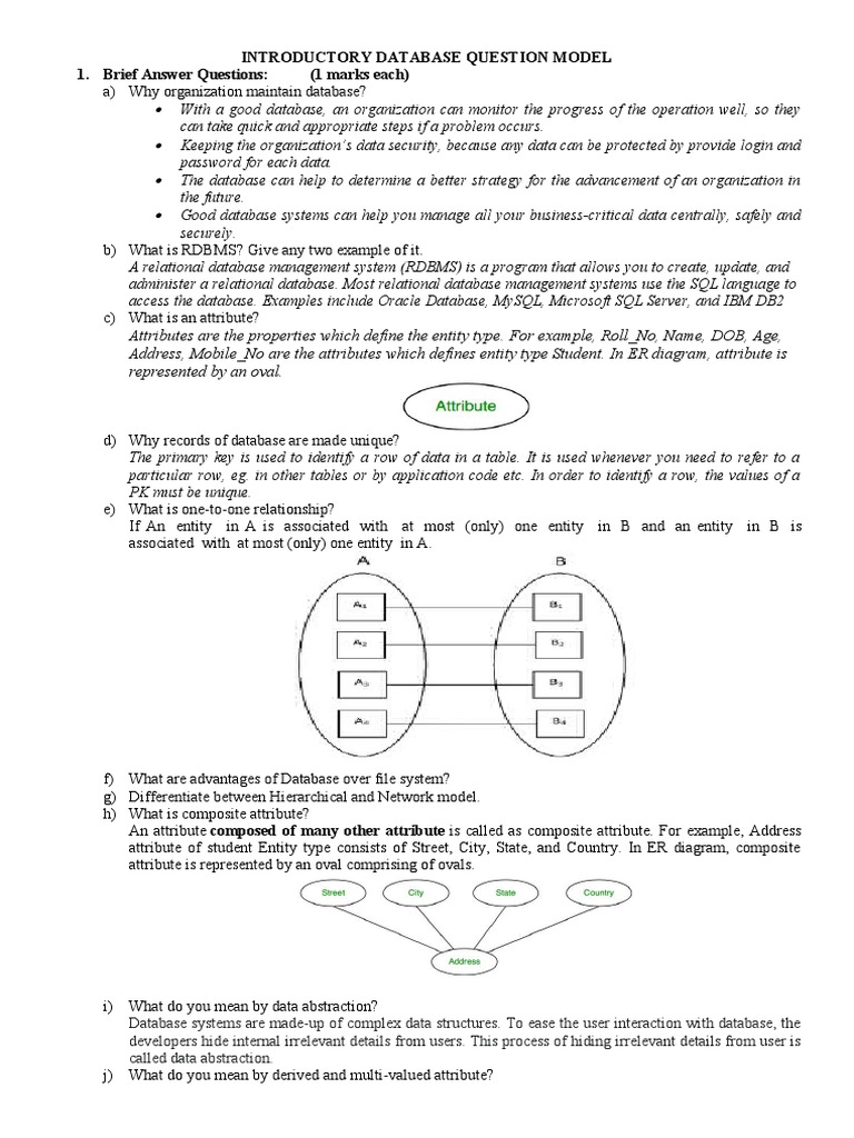 Introductory Database Question Model 1. Brief Answer Questions: (1 Marks Each) | PDF ...