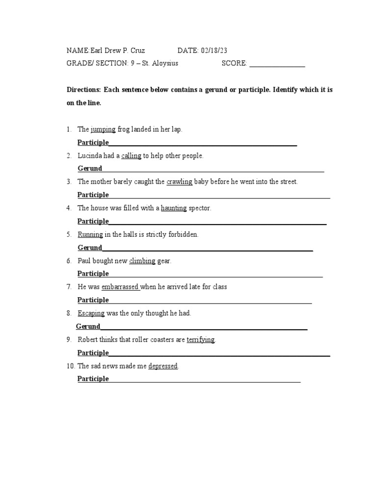 Gerund and Participle Identification Worksheet | PDF | Language Arts ...