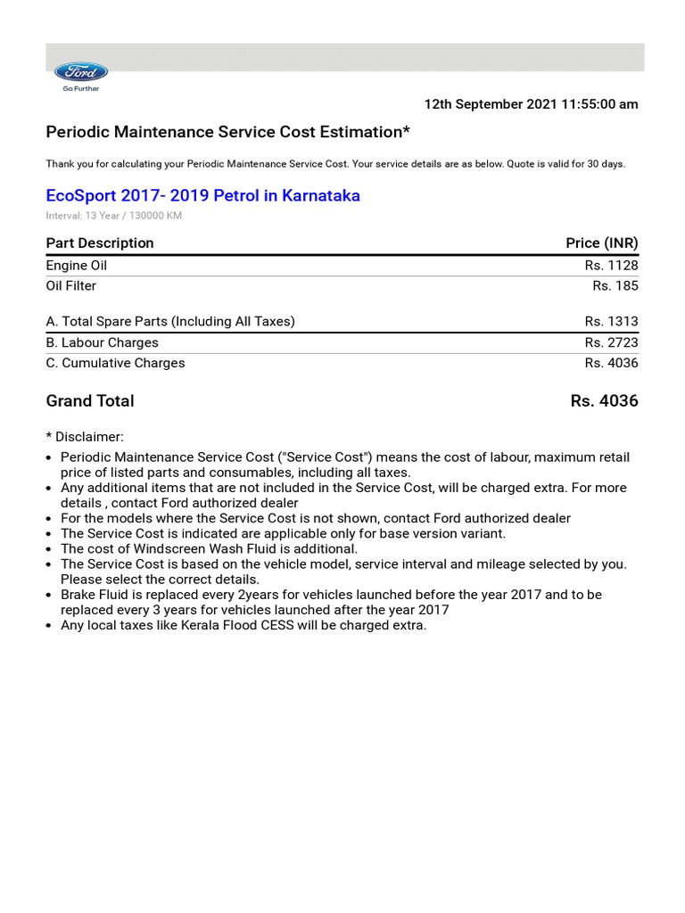Ford EcoSport Maintenance Cost India | PDF | Finance & Money Management