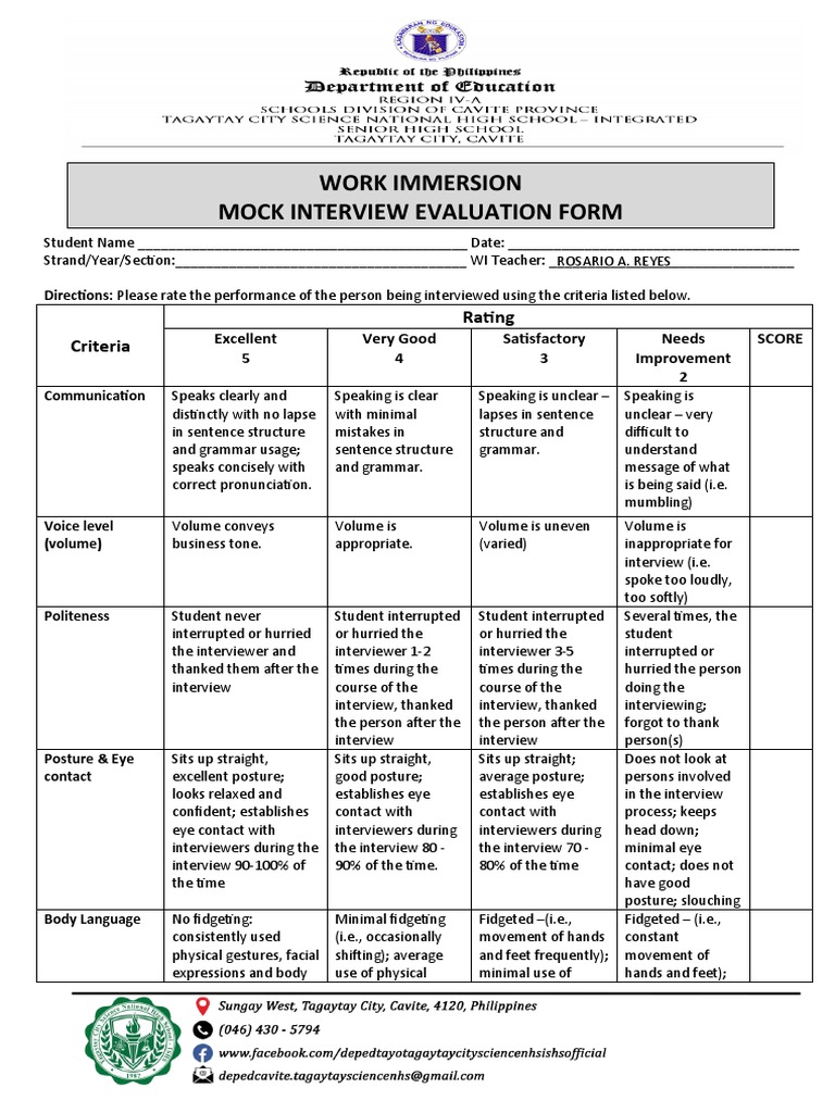Mock Interview Evaluation Sheet | PDF
