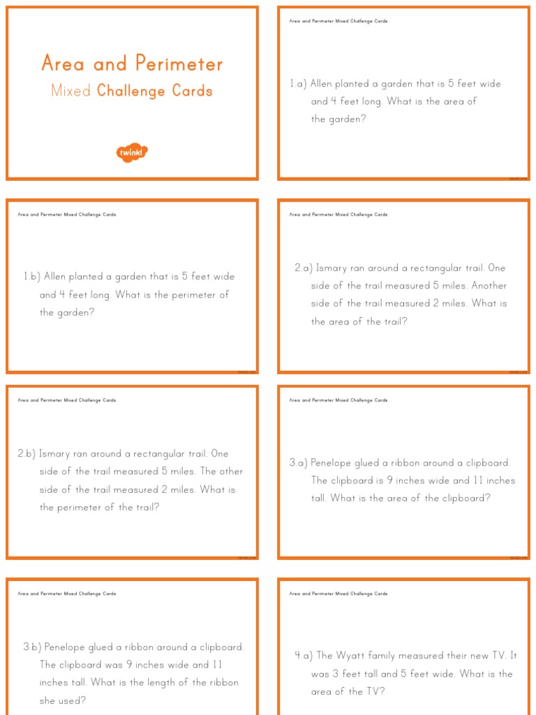 Area & Perimeter Challenge Cards | PDF | Foot (Unit) | Distance