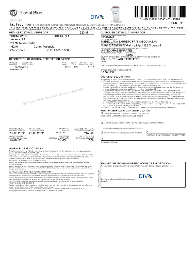Spain: Tax Free Form | PDF | Value Added Tax | Credit Card