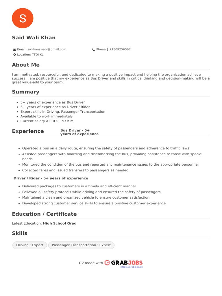 CV - Said Wali Khan - 6909996 - GrabJobs | PDF