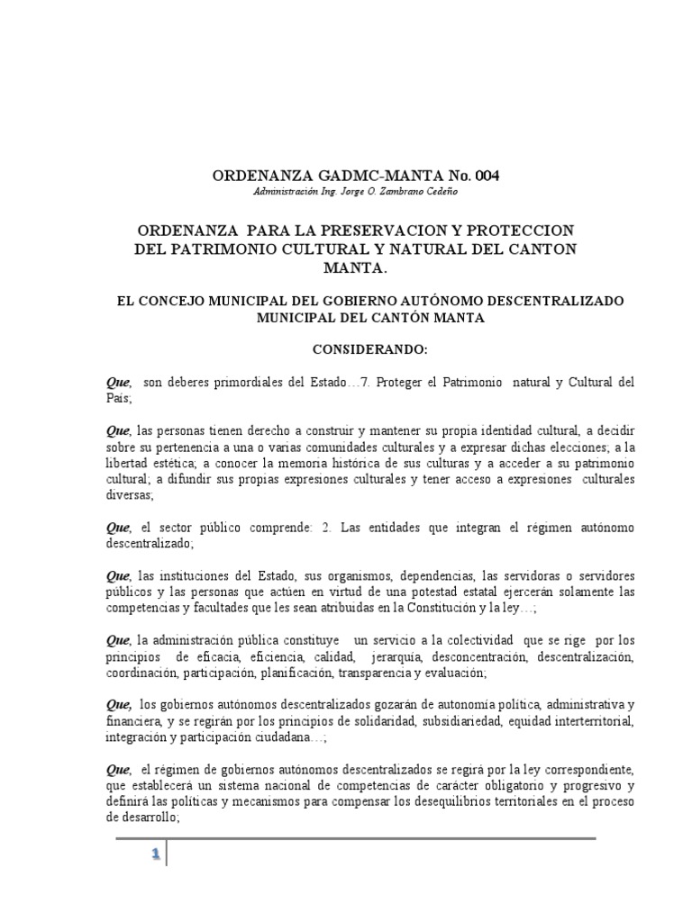 Ordenanza para La Preservacion y Proteccion Del Patrimonio Cultural y Natural Del Canton Manta ...