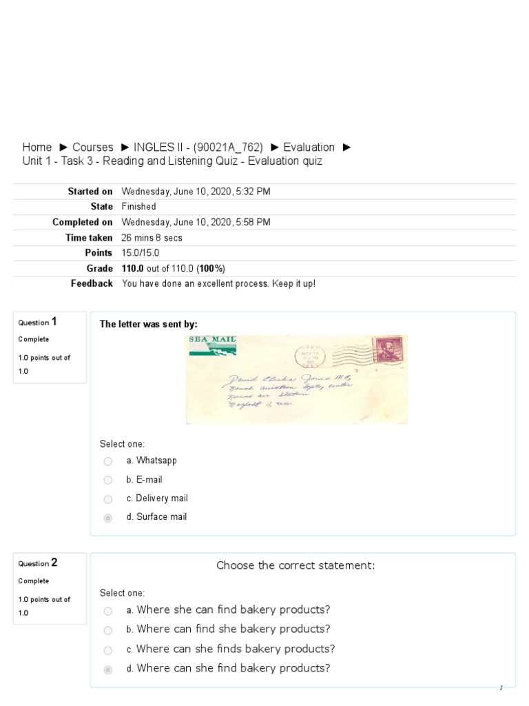 Unit 1 - Task 3 - Reading and Listening Quiz - Evaluation Quiz3 | PDF