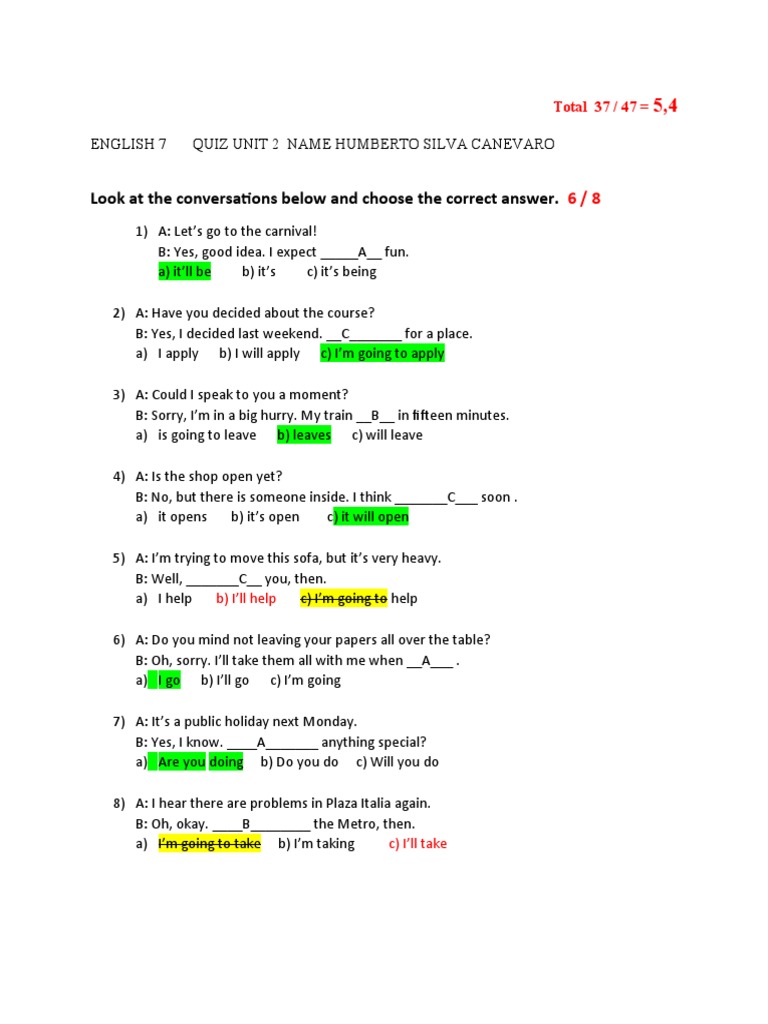 2022 English 7 Quiz Unit 2 Humberto Silva | Download Free PDF | Baggage