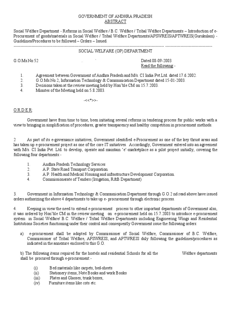 GO MS No 52 | PDF | Procurement | Supply Chain Management GO MS No 52 | PDF | Procurement | Supply Chain Management