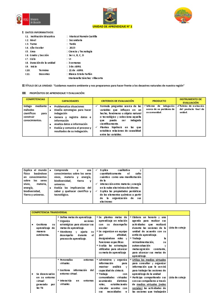 Unidad I de Aprendizaje 2023 CCSS - 2do | PDF | Aprendizaje | Evaluación