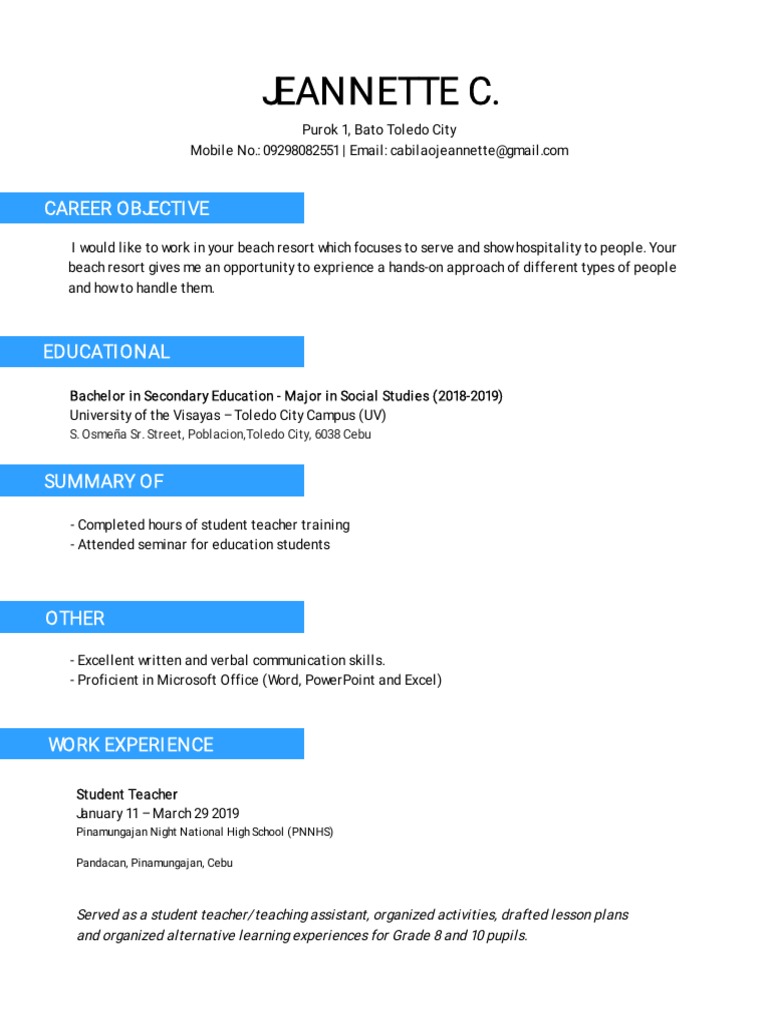 Beach Resort Resume | PDF