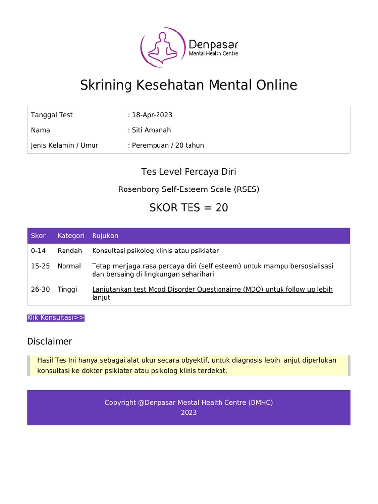 Skrining Kesehatan Mental Online: Skor Tes 20 | PDF