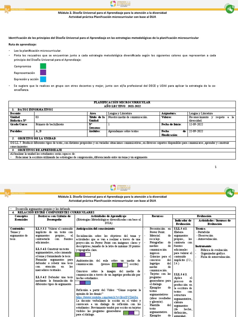 Anexo 10a. Ruta de Aprendizaje actividad planificación microcurricular con base al DUA y ACI ...