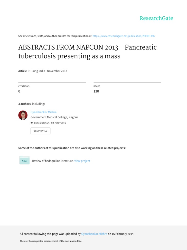 ABSTRACTS FROM NAPCON 2013 - Pancreatic Tuberculosis Presenting As A ...