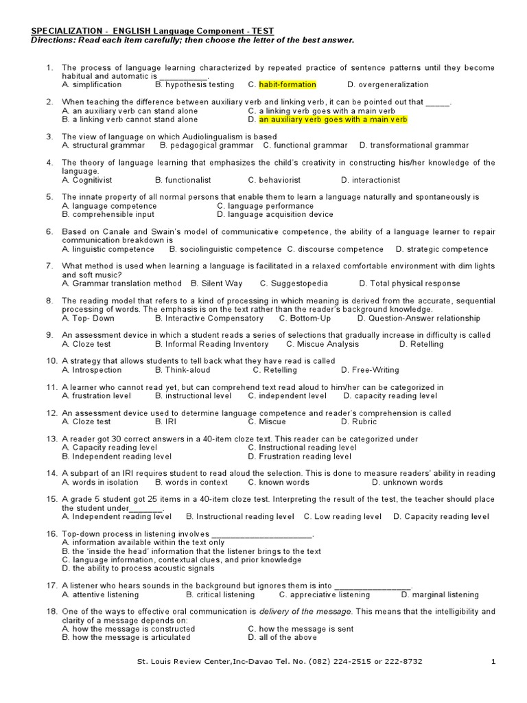 1 SPECIALIZATION-Language TEST | PDF | Curriculum | Reading Comprehension