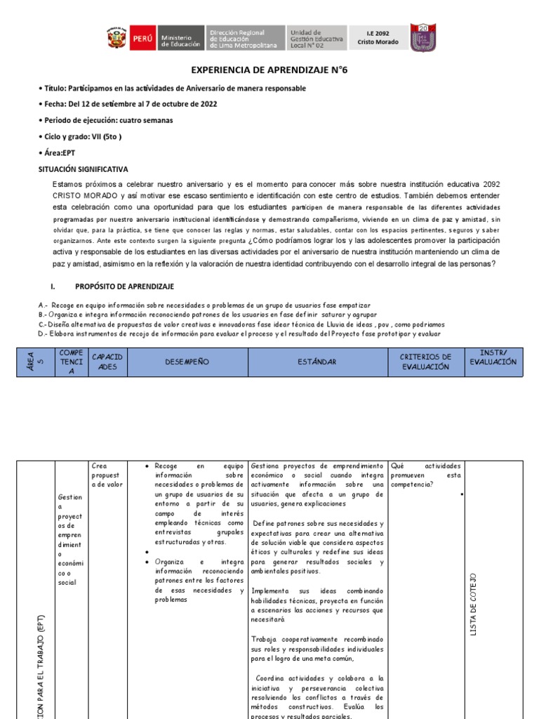 Eda #6 Ept 2022 5to | PDF | Aprendizaje | Iniciativa empresarial
