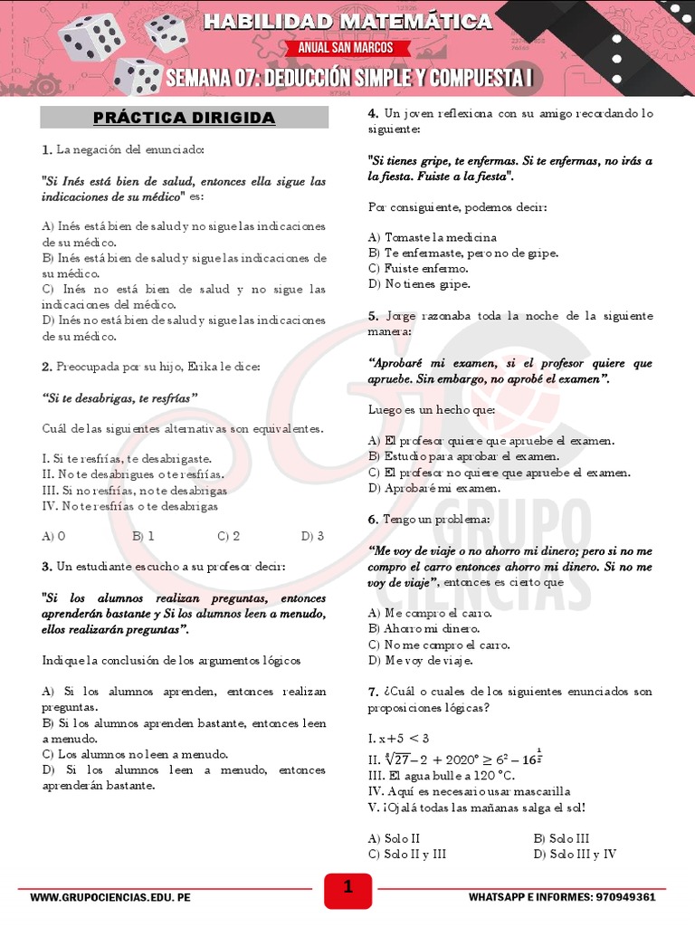 Semana 07: Deducción Simple Y Compuesta I: Práctica Dirigida | PDF | Proposición | Lógica