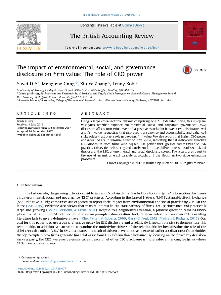 The Impact of Environmental, Social, and Governance Disclosure On Firm Value: The Role of CEO ...