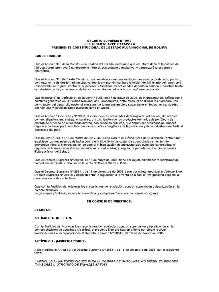 " Artículo 3. - (Autorizaciones para La Compra de Gasolinas Y/O Diésel en Bidones, Tambores U ...