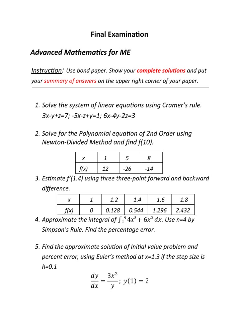 Advanced Mathematics For ME Final Examination | PDF
