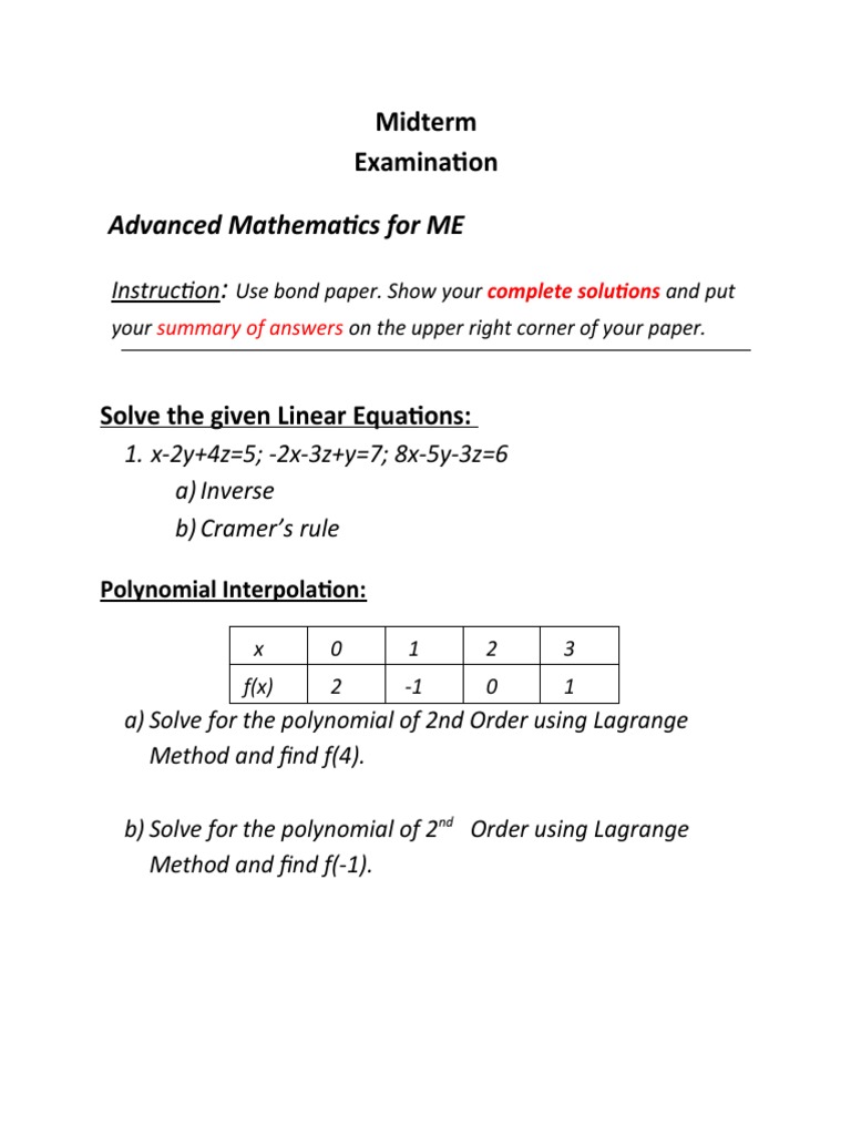 Advanced Mathematics For ME Midterm Exam | PDF
