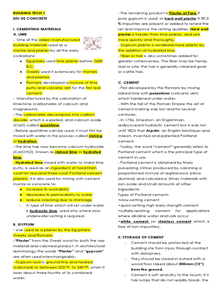 Building Tech 1 (Div 03 Concrete) Reviewer | PDF | Concrete | Cement