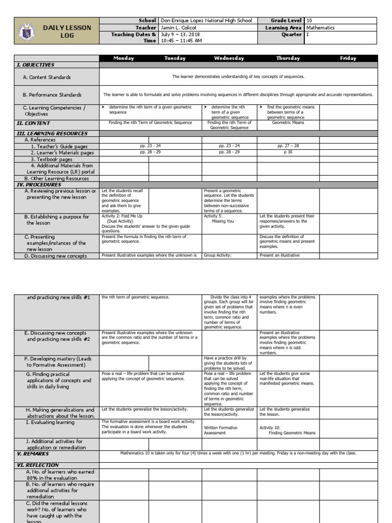 Determining Geometric Sequences and Means: A Detailed Lesson Plan for ...