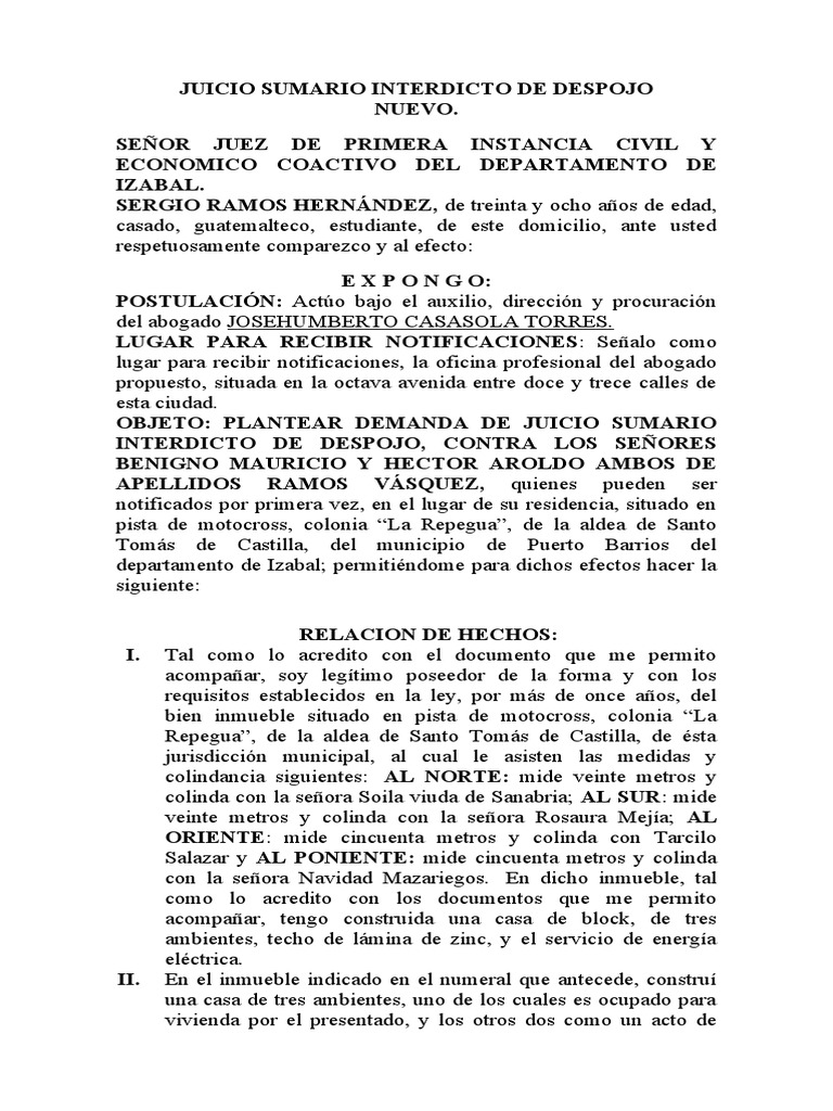 Juicio Sumario Interdicto de Despojo | PDF | Posesión (Ley) | Esfera pública