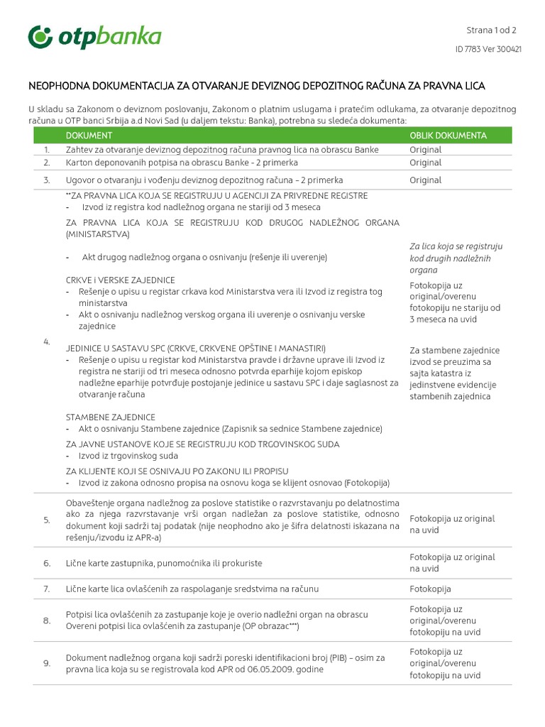 Neophodna Dokumentacija Za Otvaranje Deviznog Depozitnog Racuna Za Pravna Lica 2 | PDF