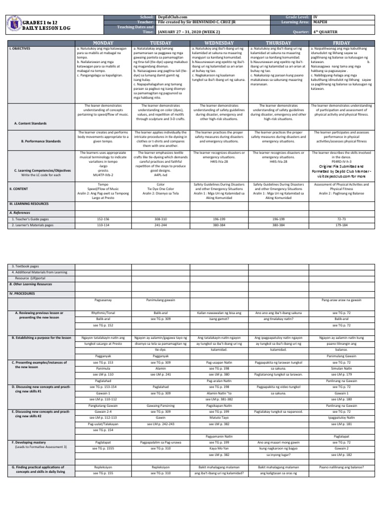 DLL - Mapeh 4 - Q4 - W2 | PDF