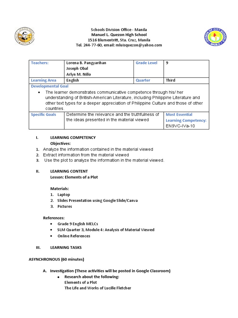 Learning Plan Elements of A Plot | PDF | Learning | Human Communication