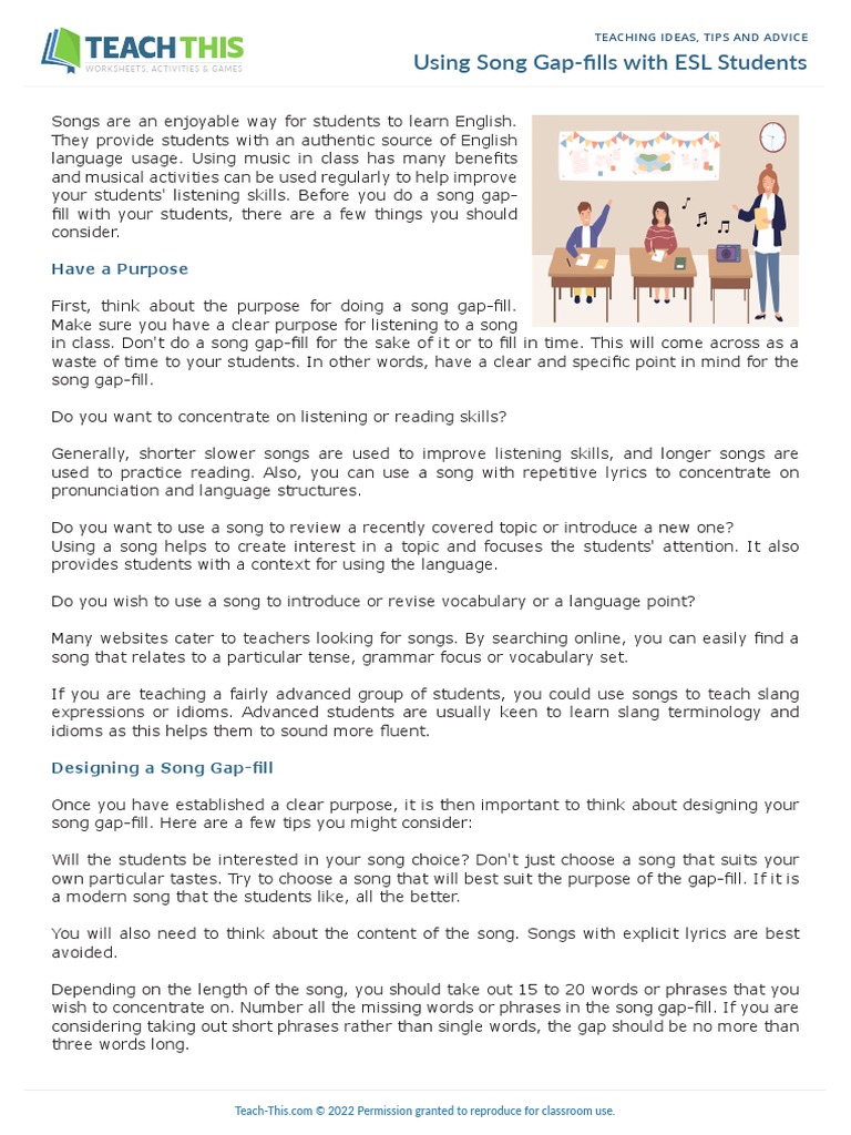 Using Song Gap Fills With Esl Students | PDF | Vocabulary | English As ...