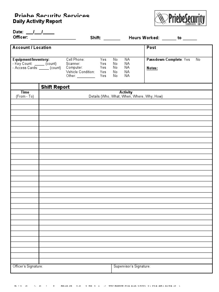 Priebe Security Services,: Daily Activity Report | PDF