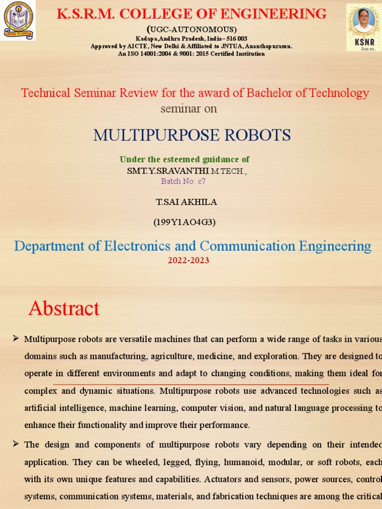 Multipurpose Robots: Department of Electronics and Communication Engineering | PDF | Robot ...