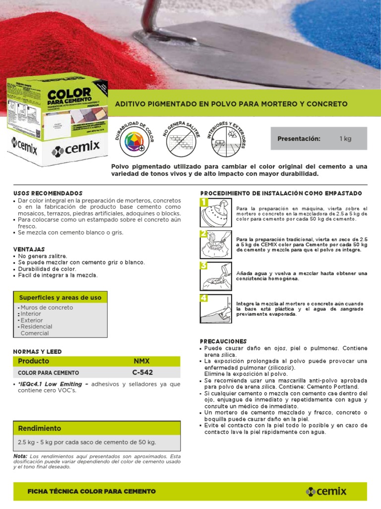 Ficha Técnica: Color para Cemento Cemix | PDF | Hormigón | Cemento