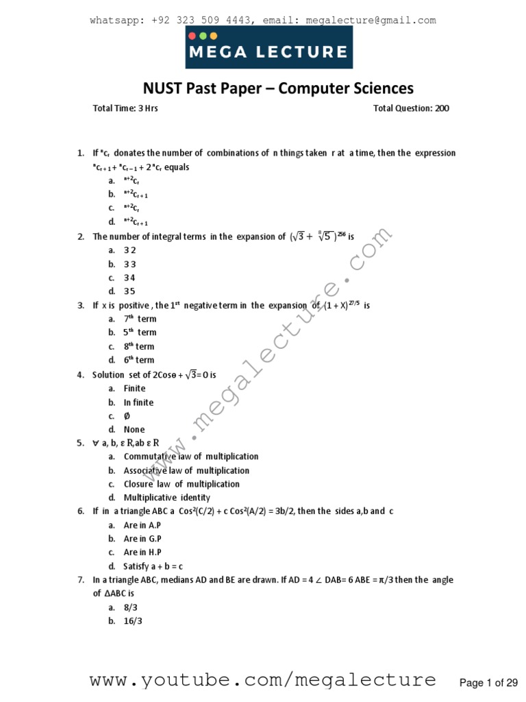 NUST Past Paper – Computer Sciences: Detailed Solutions | PDF ...