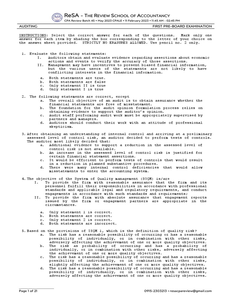 ReSA B45 AUD First PB Exam - Questions, Answers - Solutions | PDF ...