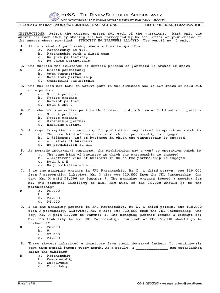 RFBT Pre-Board Exam Review 2023 | PDF | Finance & Money Management