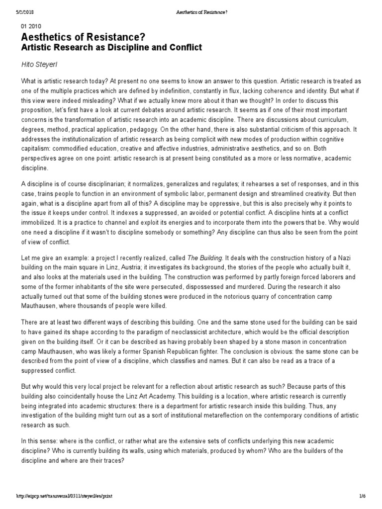 Aesthetics of Resistance Artistic Research As Discipline and Conflict ...